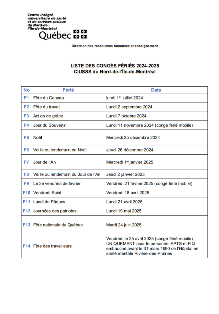 Congés Fériés – STT CIUSSS NÎM-CSN
